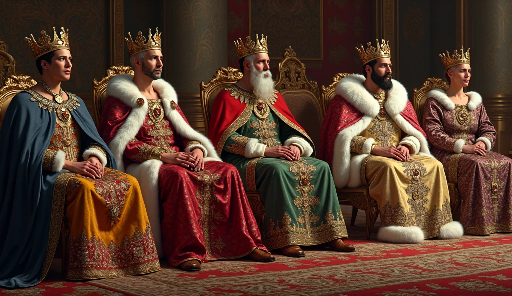 All popular royal kings with each custome clothes, sitting next ...