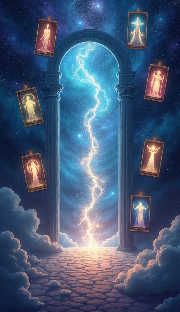 A mystical doorway surrounded by floating Tarot cards, with Major and ...