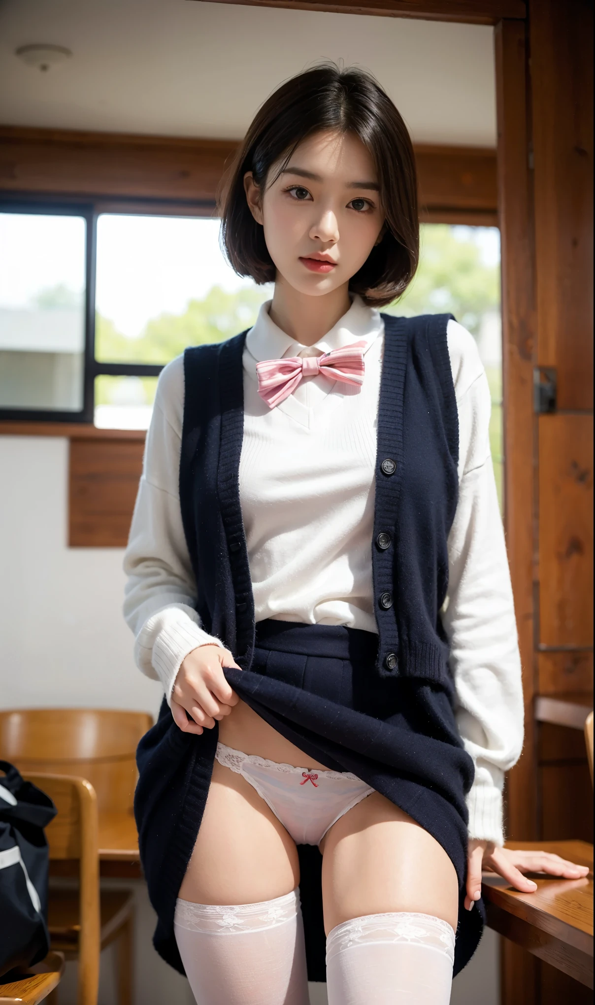 There is a woman in a skirt and bow tie posing for a picture - SeaArt AI