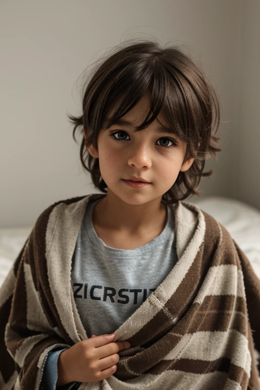 A tomboy girl with dark brown short disheveled shaggy hair, innocent ...