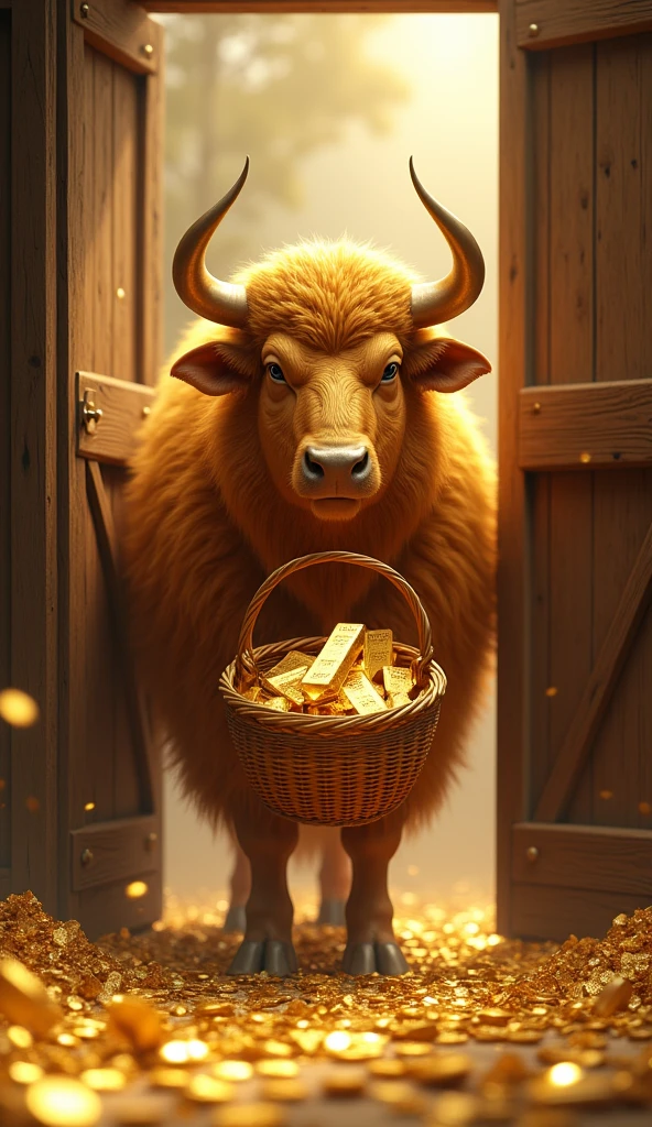 Golden buffalo with golden horns carrying a basket with many gold bars ...