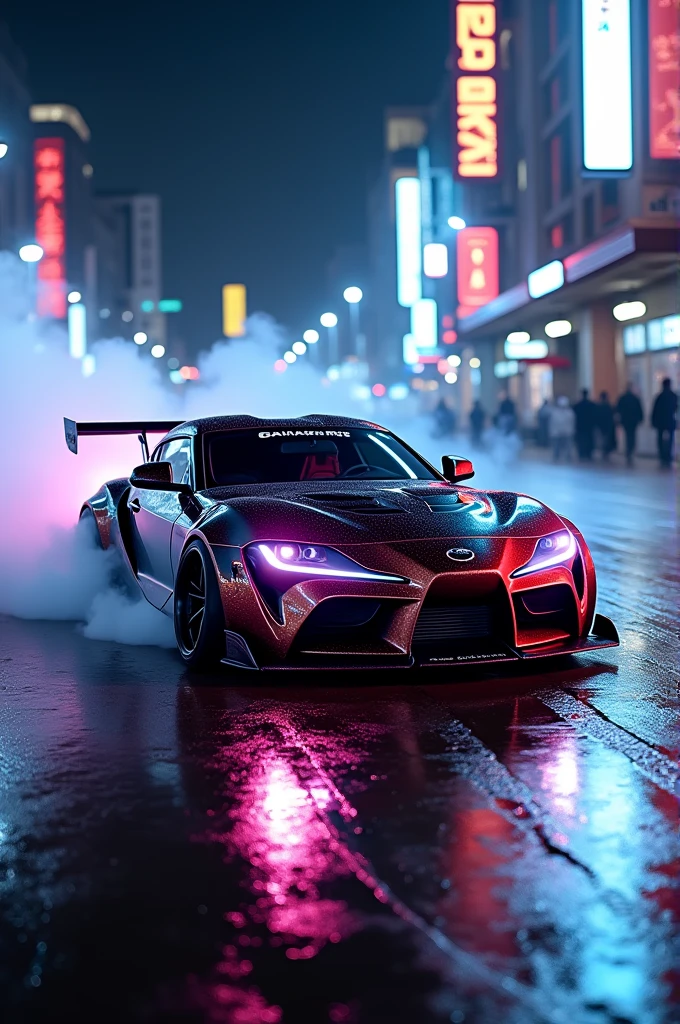 "A highly customized Toyota Supra MK5 drifting dramatically on a wet ...