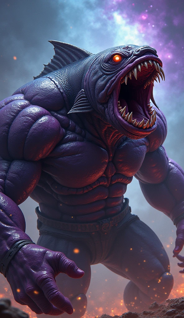Thanos Marvel with the head of a catfish roaring and furious - SeaArt AI