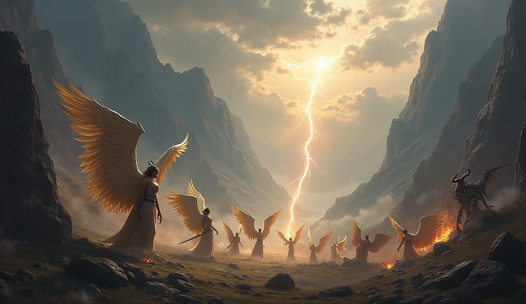 A fierce battle between the forces and evil and God in a valley - SeaArt AI