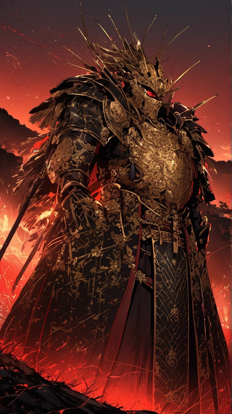 A noble samurai in ornate armor, standing majestically on a hill under ...