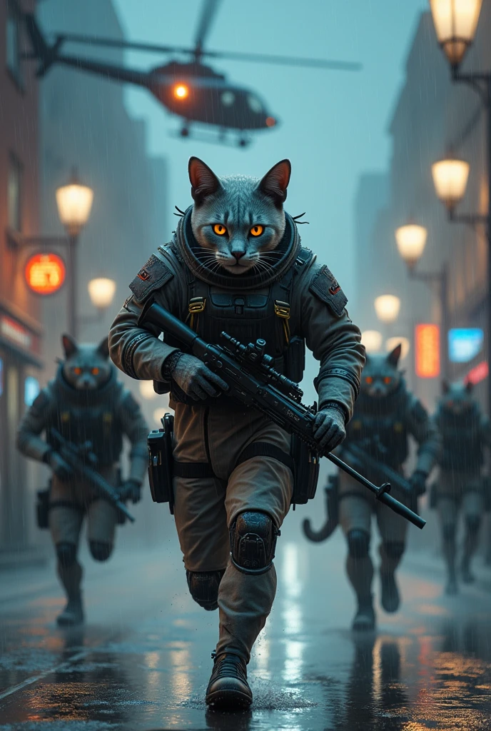 Modern warfare humanoid cats soldiers squad running at the town at ...