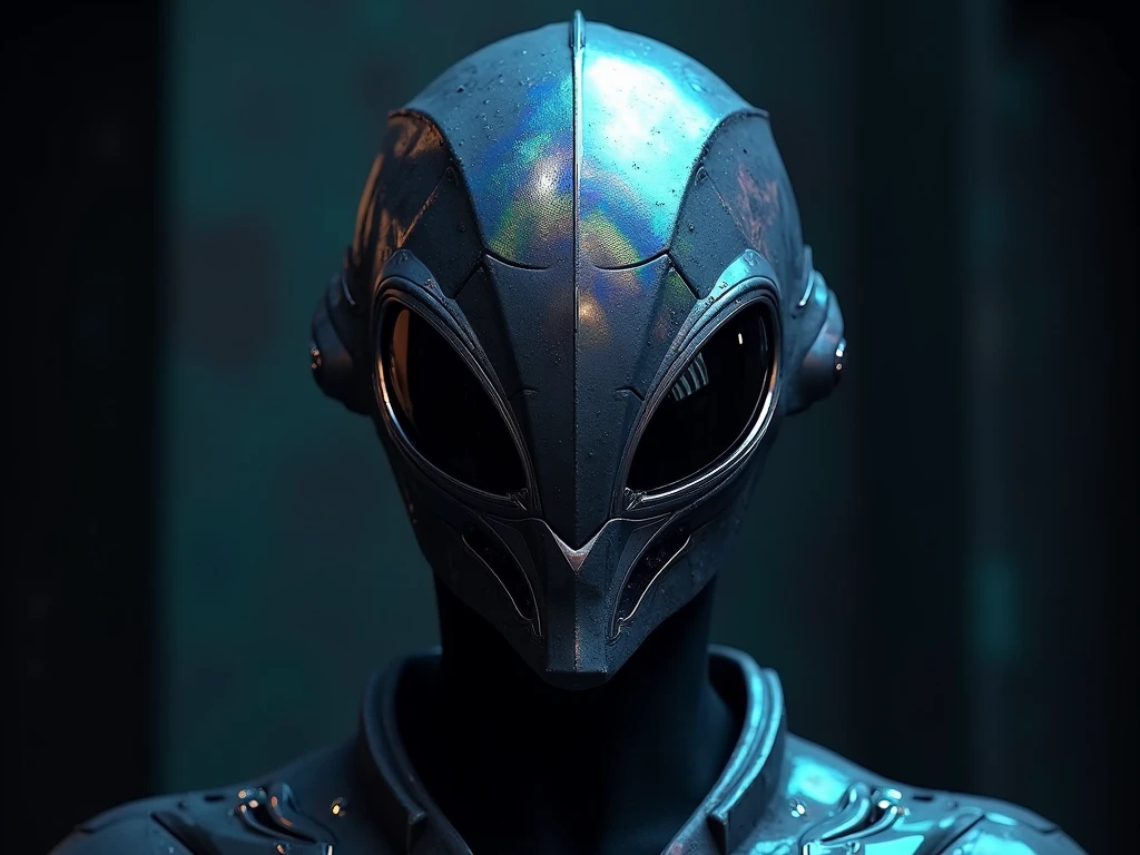 Alien helmet with iridescent reflection. Dark background - SeaArt AI