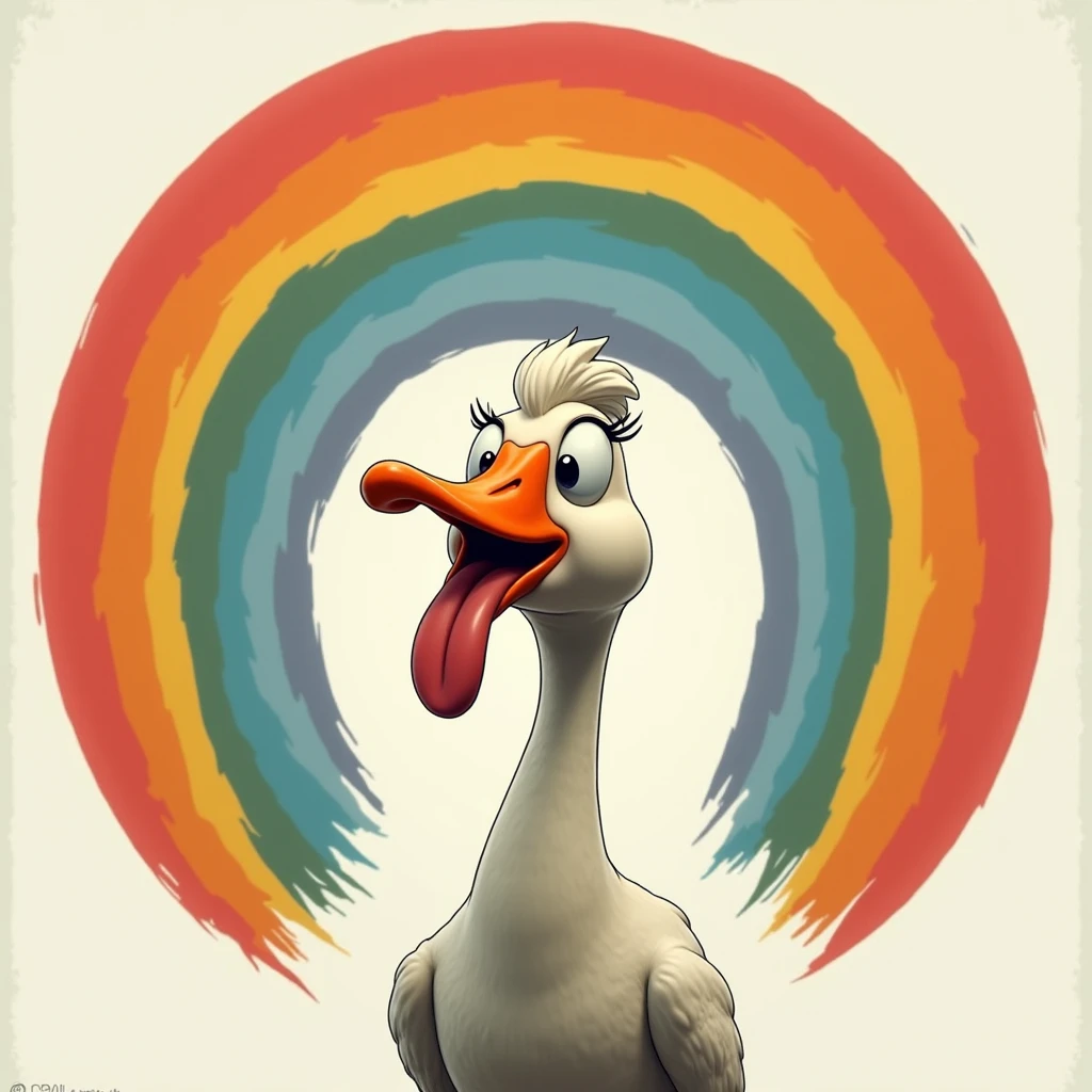 Cartoon style, A goofy goose with its tongue sticking out looks out of ...
