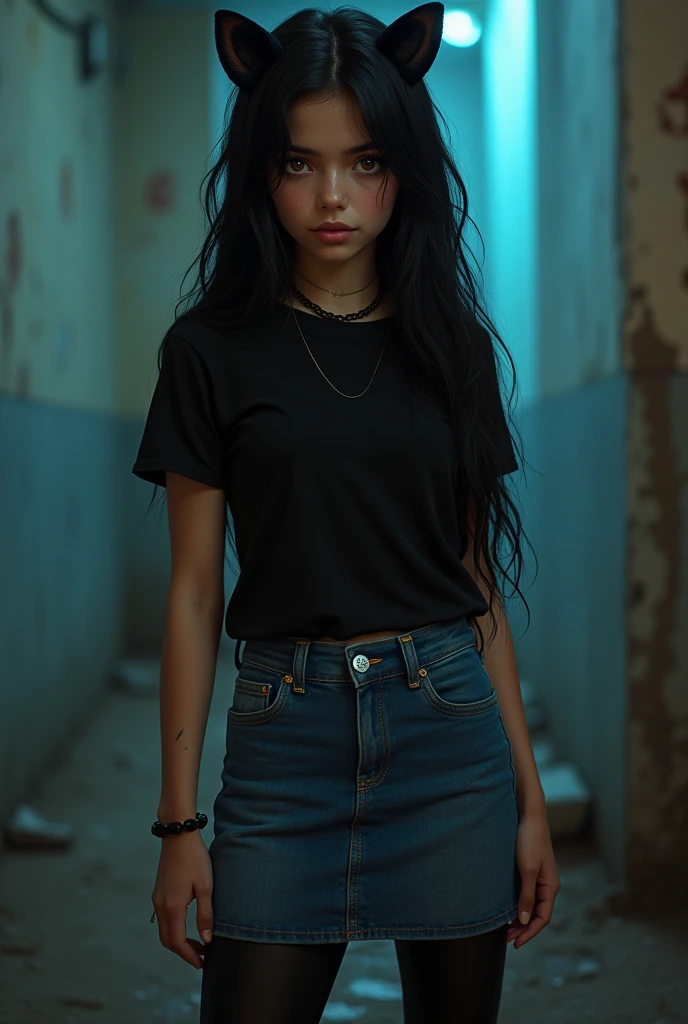 A beautiful emo Mexican girl with long black hair,black cat ears ...
