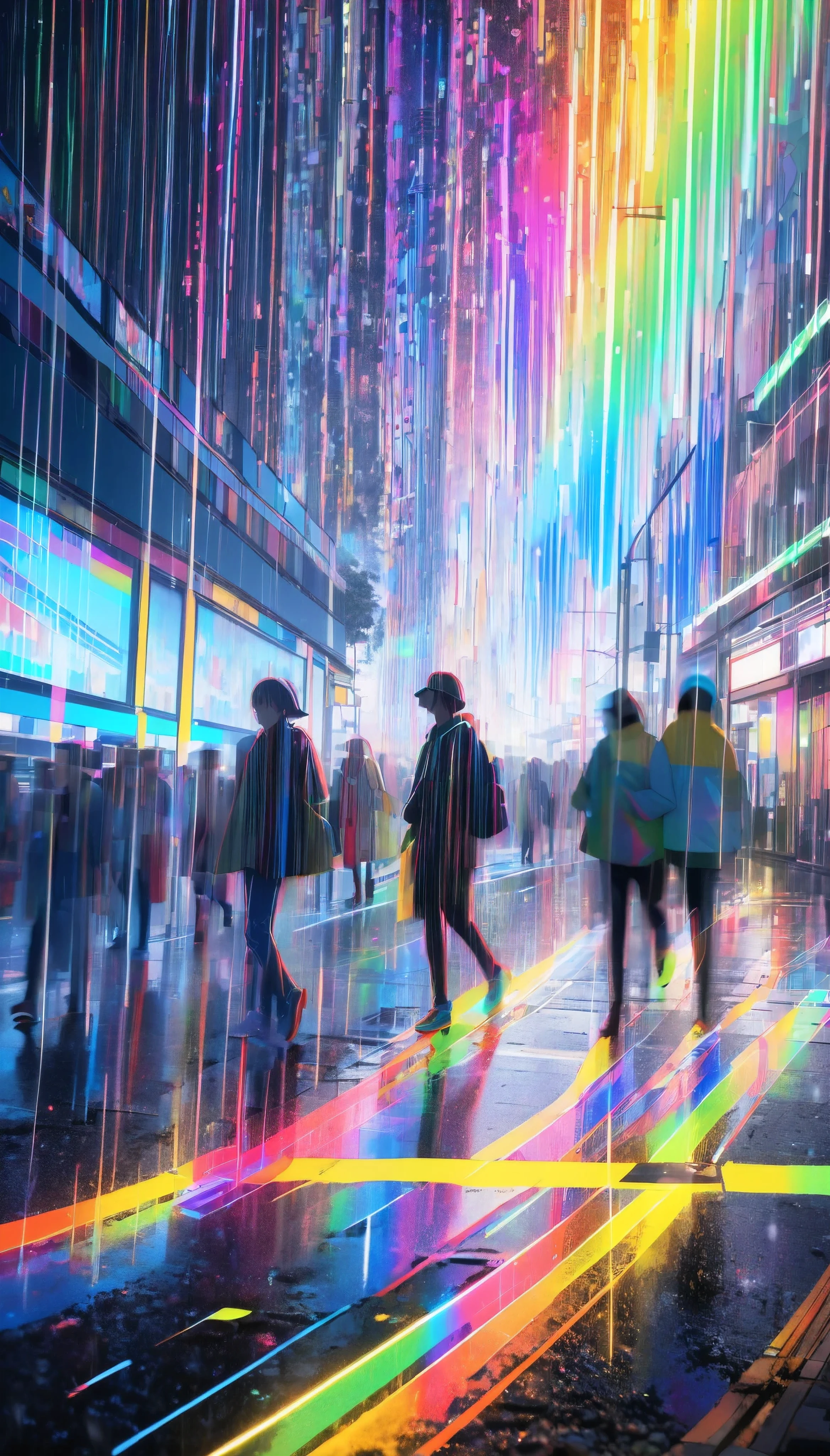 People walking in the rain with umbrellas and rainbow lights - SeaArt AI