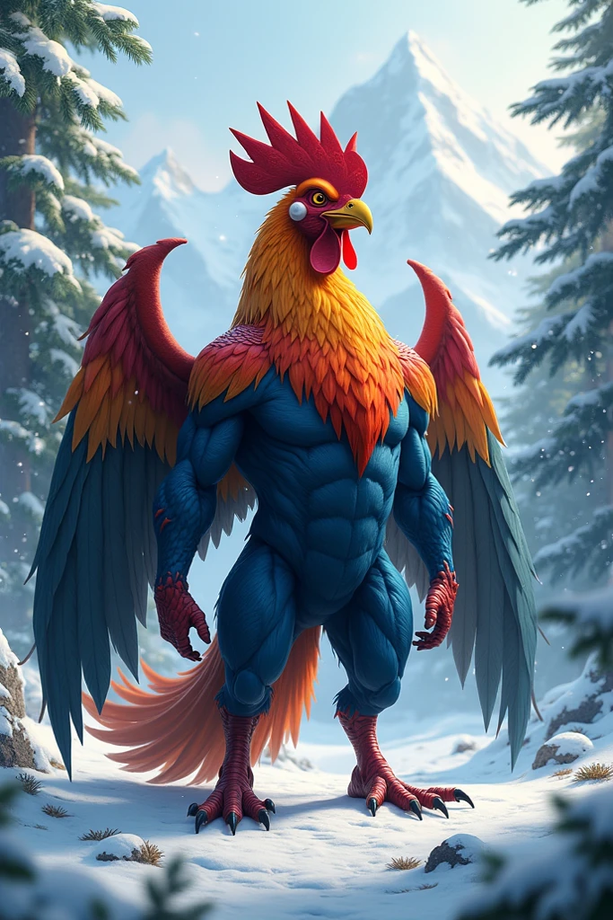 A fantastical creature resembling a muscular rooster with vibrant blue ...