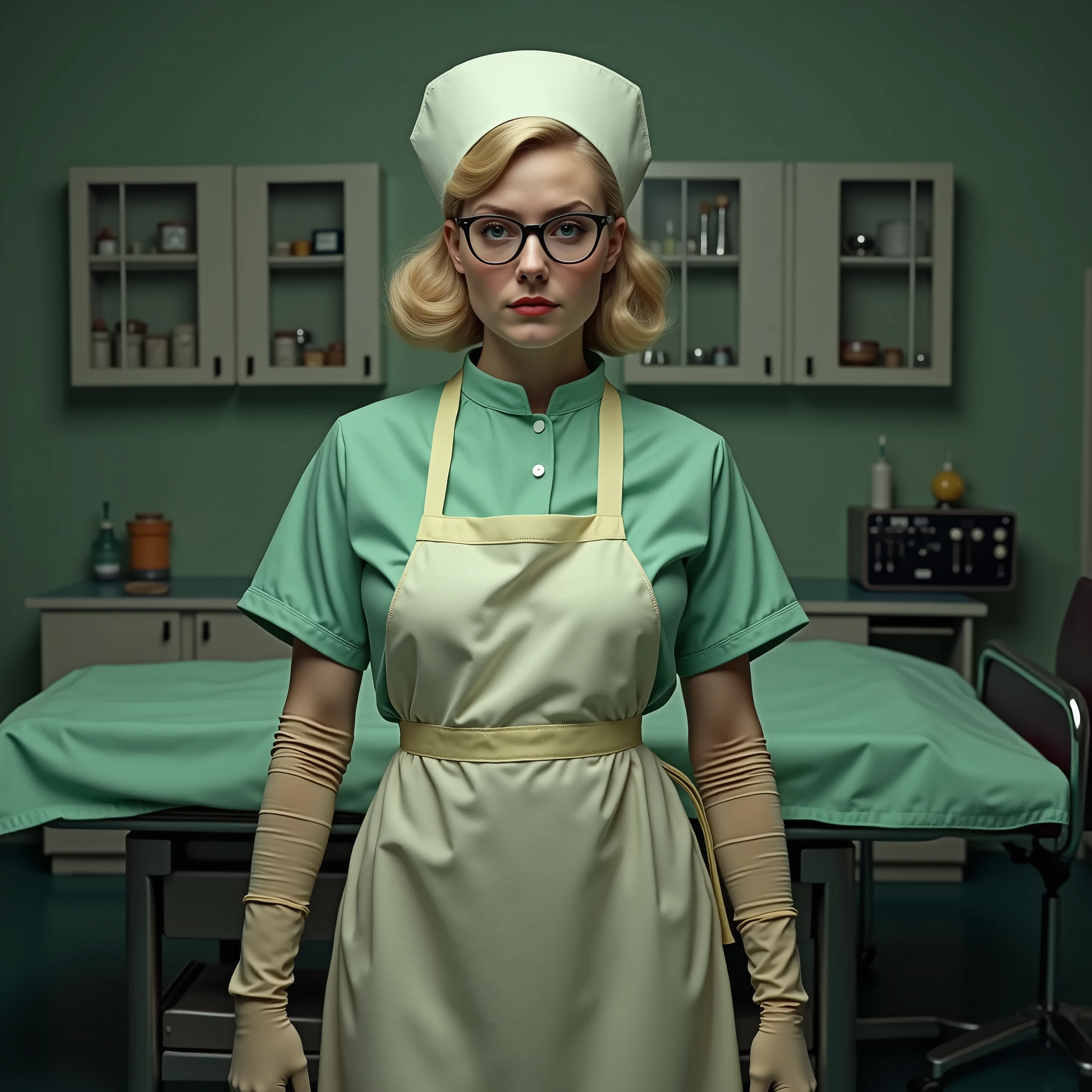 Blond woman in green dress and glasses standing in a hospital room ...