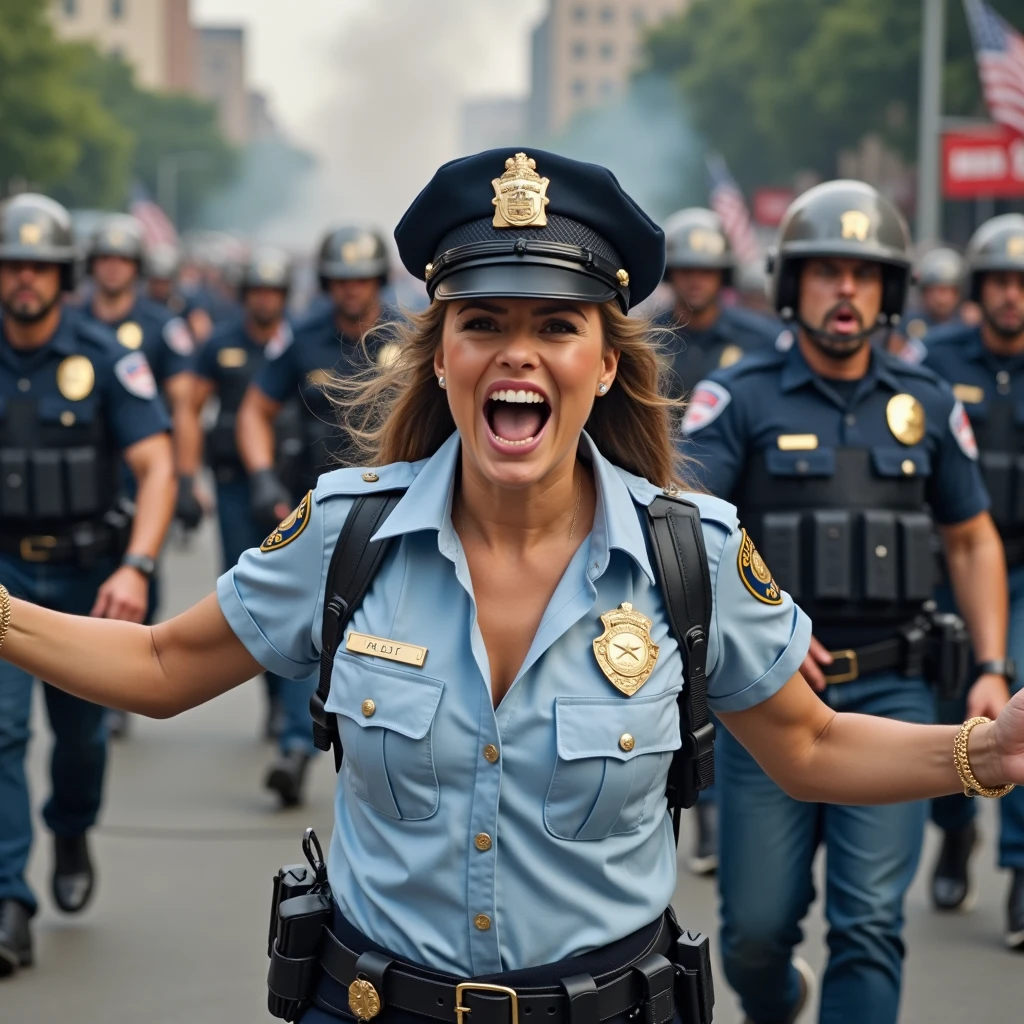 A detailed scene of major riots and controversy in an American town ...