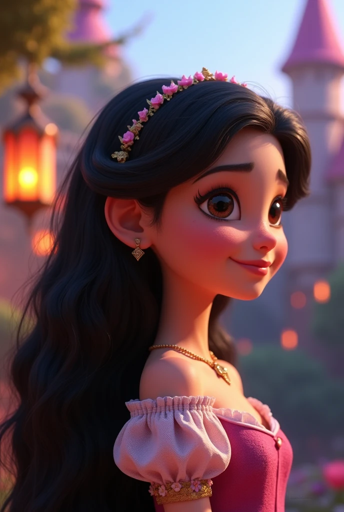 Young princess with black hair and black eyes. Pixar animation style ...