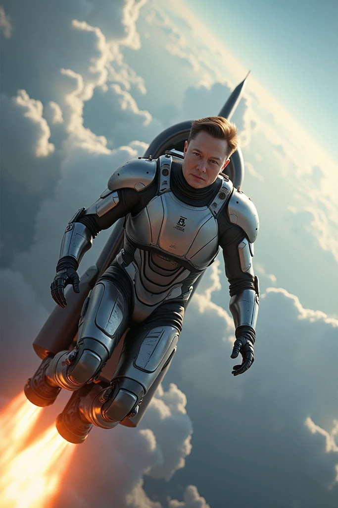 Elon musk,armor,flying on the rocket - SeaArt AI