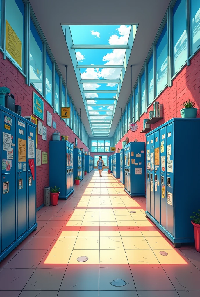 Draw a college corridor, anime style,not people, Inside the school ...