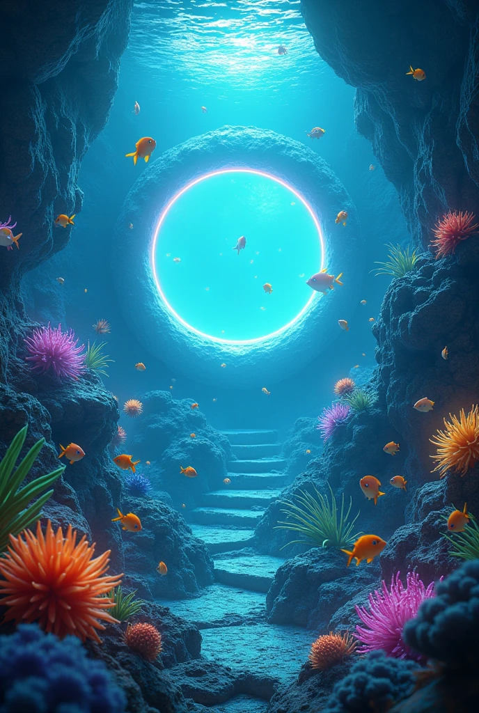 A highly detailed and vibrant underwater scene with a circular portal ...