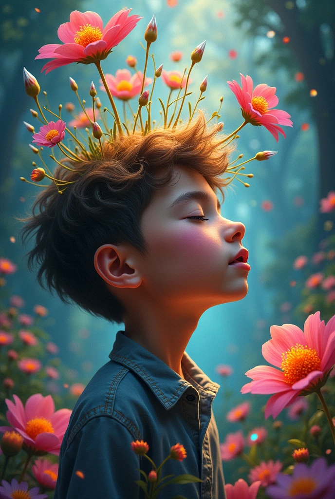 A boy imagining a magical world with flowers with his eyes closed ...