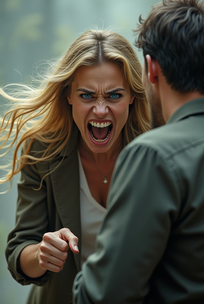 Blue-eyed blonde woman screaming at a man - SeaArt AI