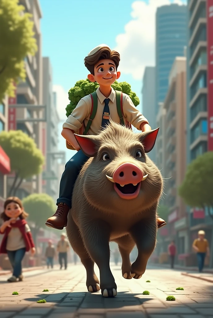 young delivery guy riding a wild boar with a broccoli diet in otwock ...