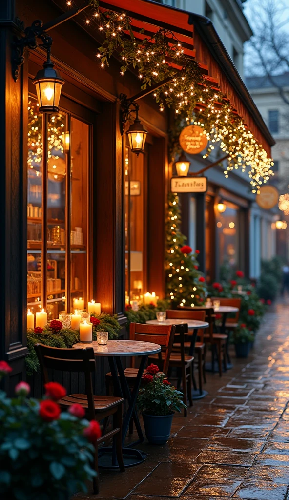 Outsude of a cafe on a street. The wall of the cafe is dark brown ...