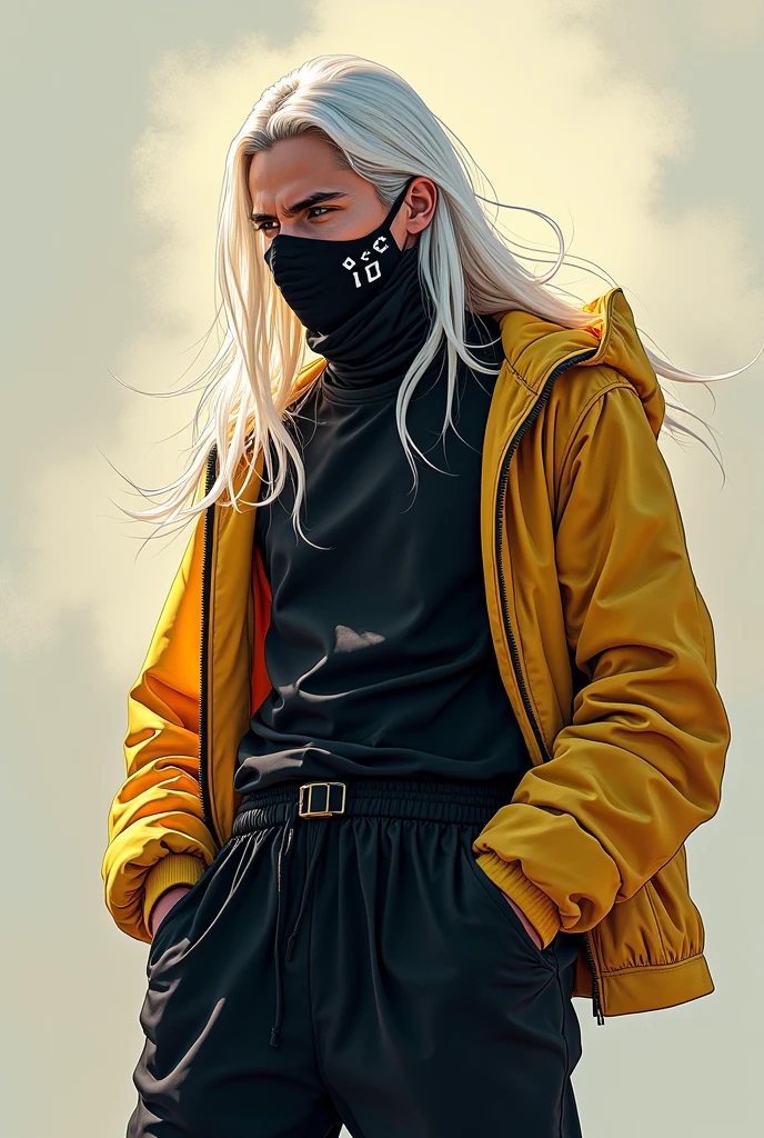 Colored sketch, Man in black pants, long white hair, face mask covering ...