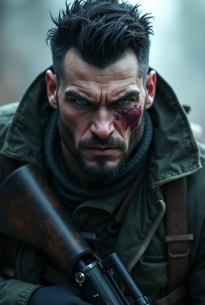 a muscular soldier with black hair , white skin with battle scars all ...