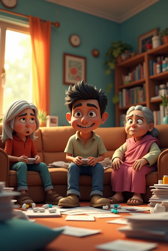 Generate in cinematic 3d cartoon style** cluttered home where Raj looks ...