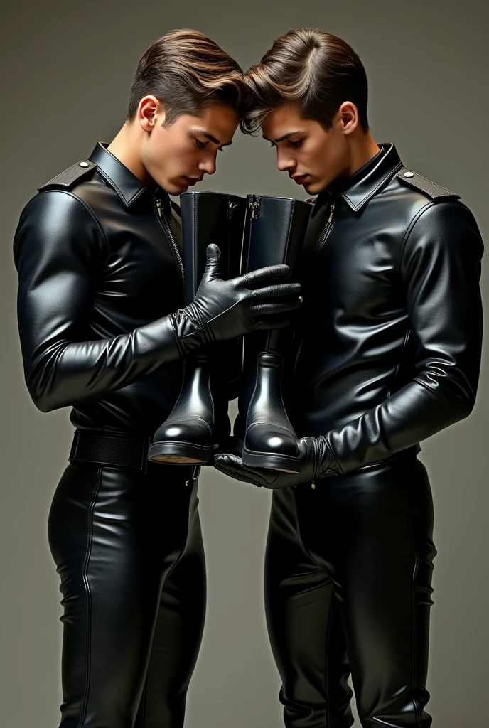 Two male boys wearing tall leather police riding boots in black - SeaArt AI