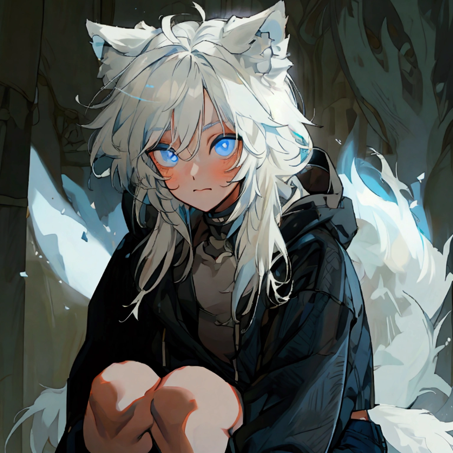 Single boy, Anime boy, Short, Long flowing white hair, wolf ears ...