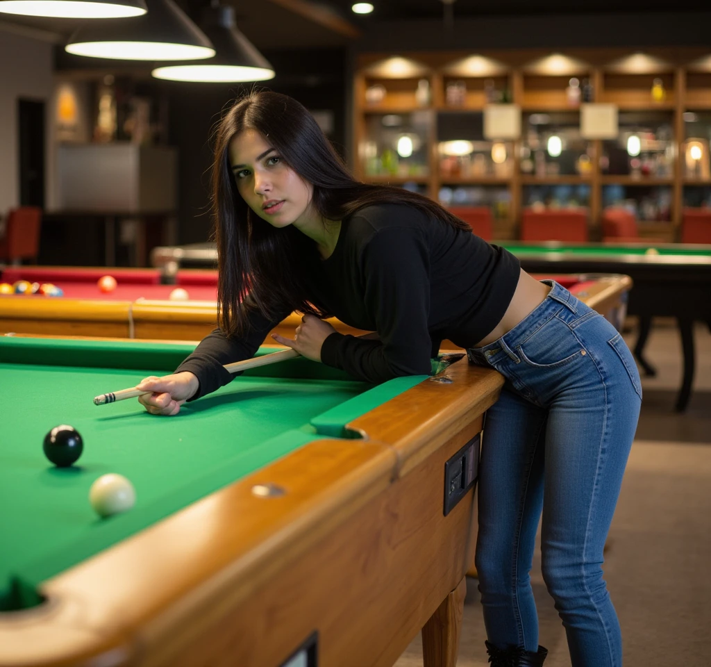 This photo was taken in a modern, well lit high-resolution billiard ...