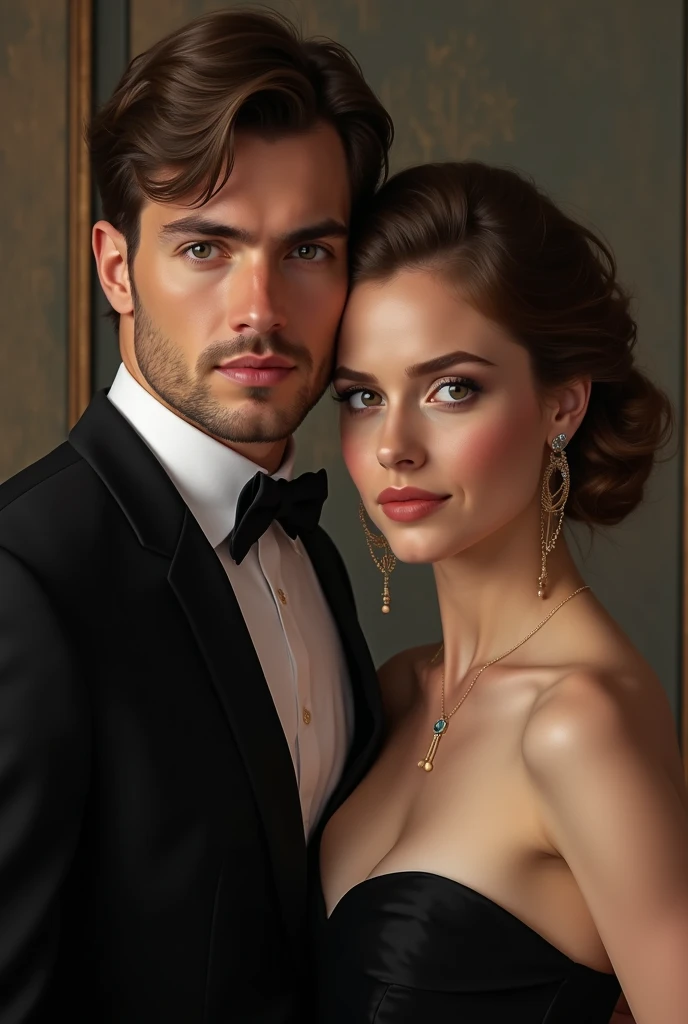 a close up of a man and a woman in a black dress, by Emma Andijewska ...