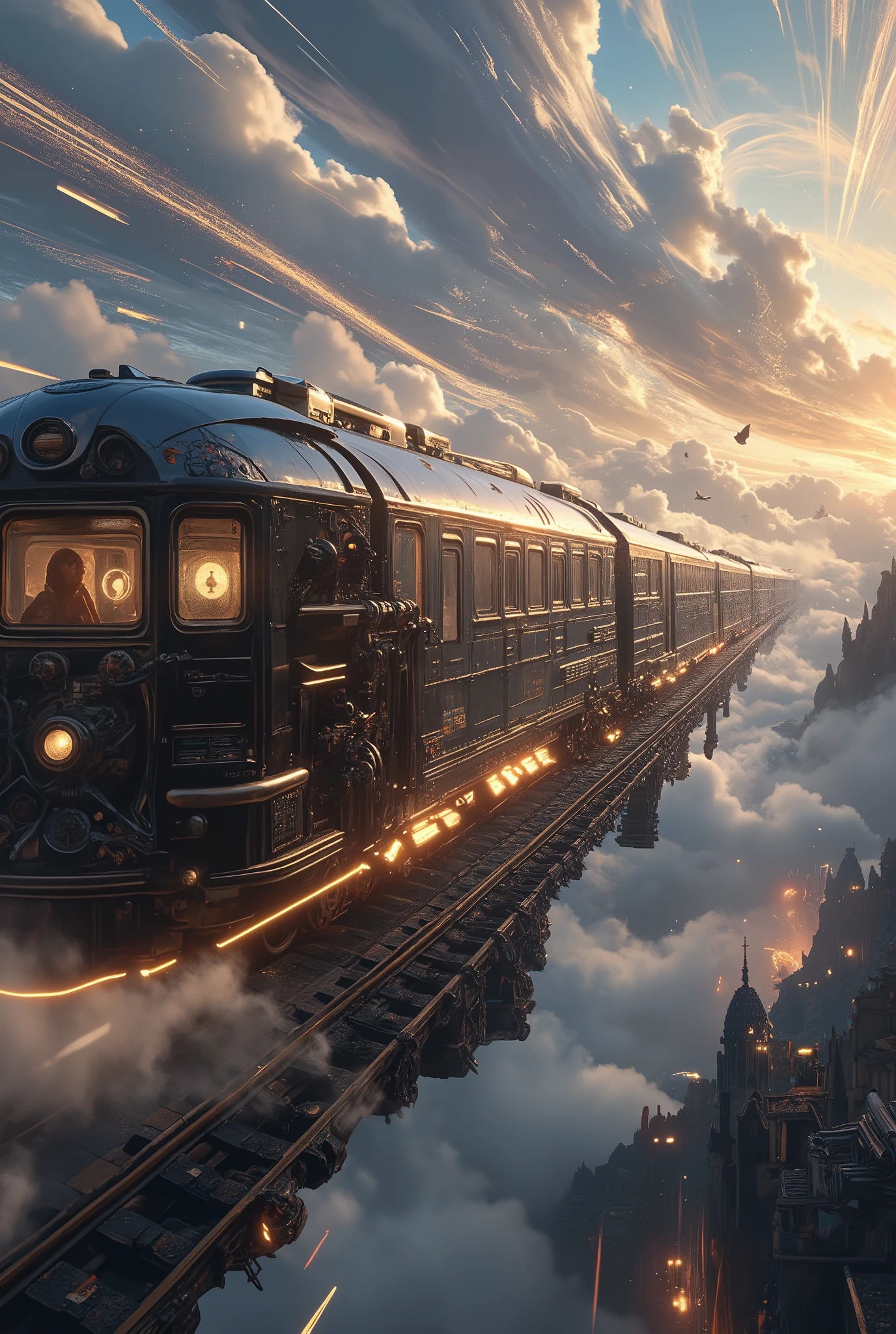 There is a train that is going down the tracks in the sky - SeaArt AI