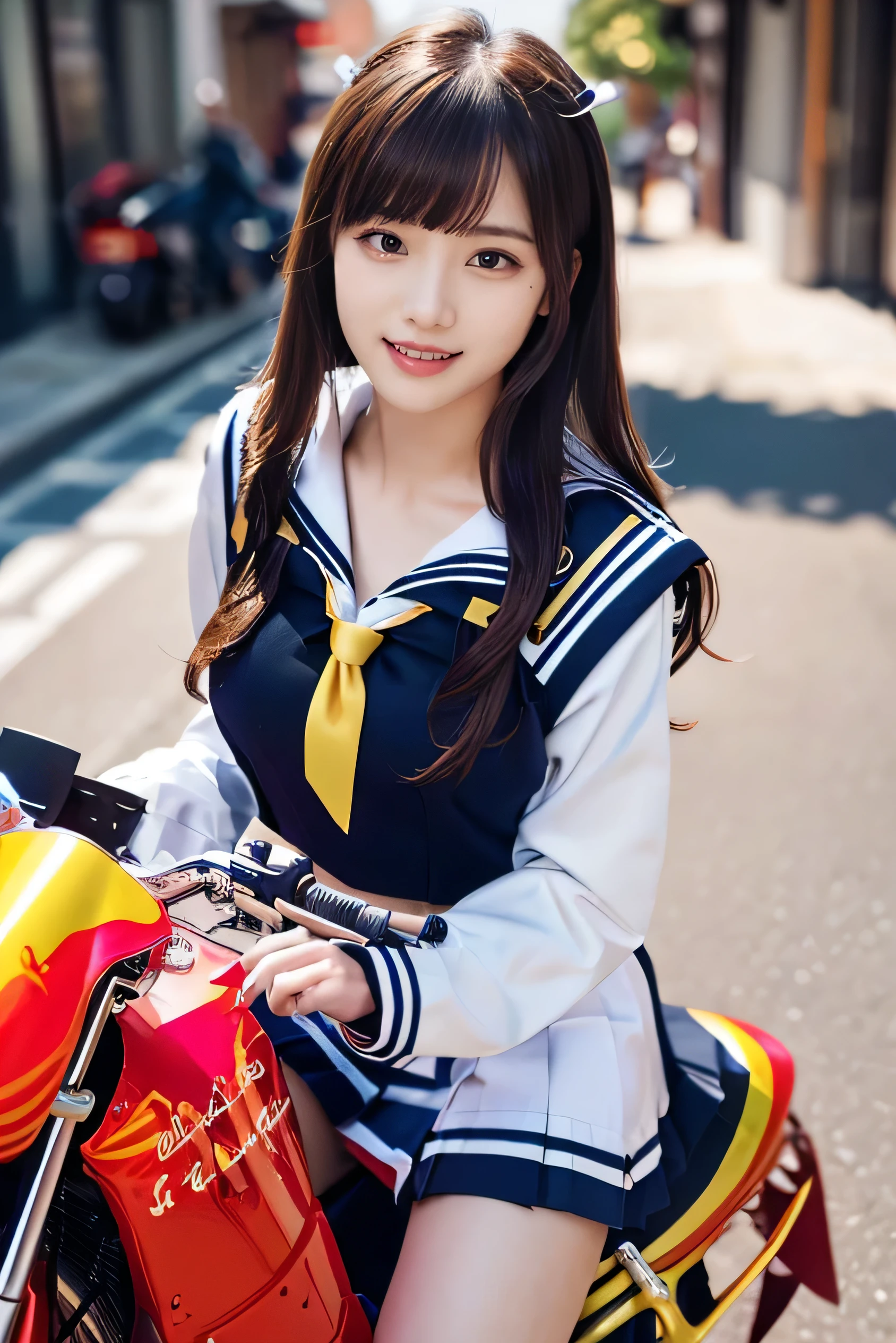 Arafed asian woman in a sailor suit sitting on a motorcycle - SeaArt AI