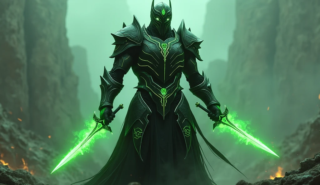 Medieval warrior in black and neon green armor wielding poisoned green ...