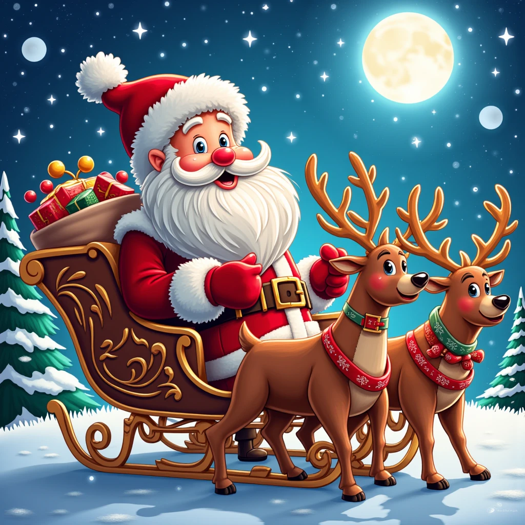 Santa Claus Sleigh with Reindeer Beautiful carved sleigh Many gifts in ...