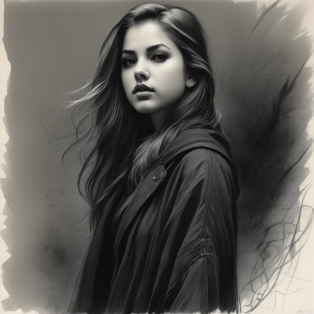 Girl, charcoal drawing, tinted paper, pencil drawing, brutal dark b ...
