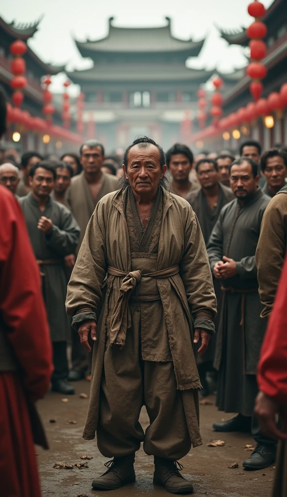 A short stature, poor Chinese man standing in the center, surrounded by ...