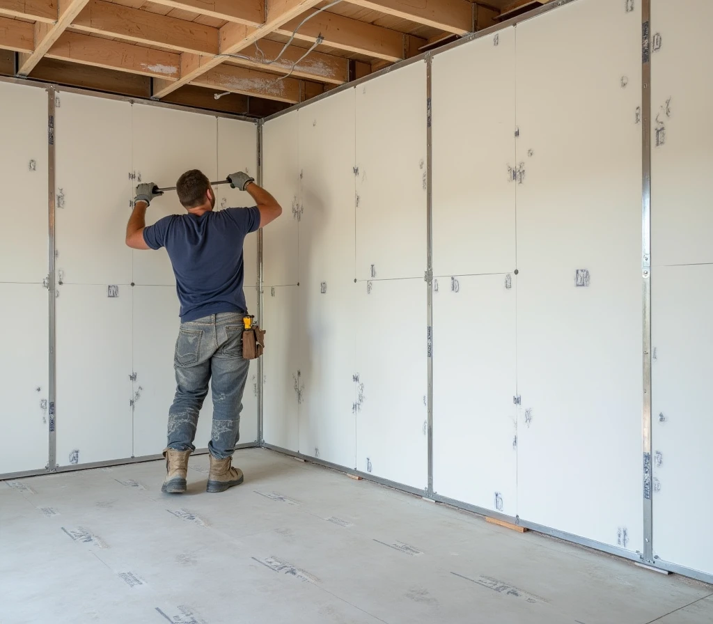 Work process of installing metal frames for plasterboard - drywall ...