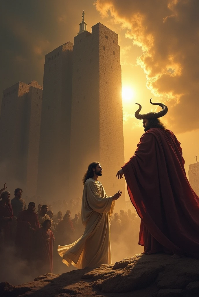 Jesus being tempted by Satan to jump off from the Jerusalem temple ...