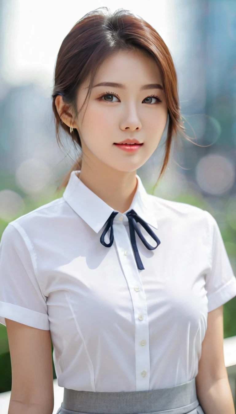 Close-up of beautiful korean female, 34 inches breasts size, wearing white colla - SeaArt AI