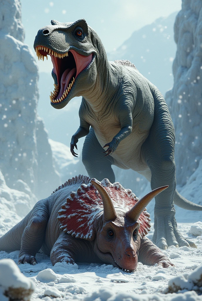 "A powerful t.rex is kill and stands atop of the bloodeid majestic ...