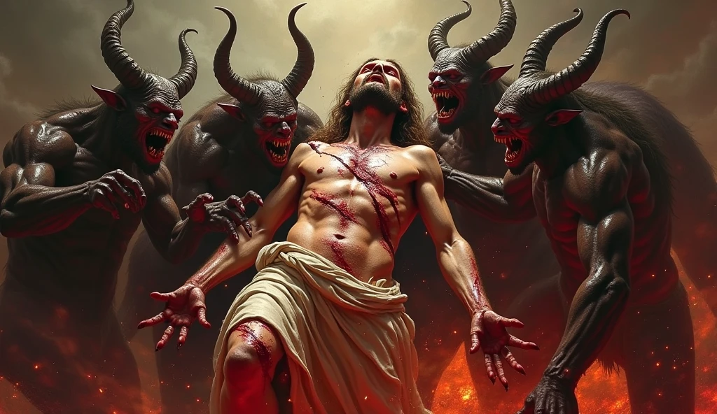 Demons beating Jesus in hell ( clear image) - SeaArt AI