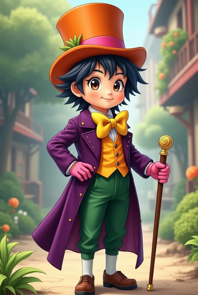 Make me a character, a boy who looks like Willy Wonka with black hair ...