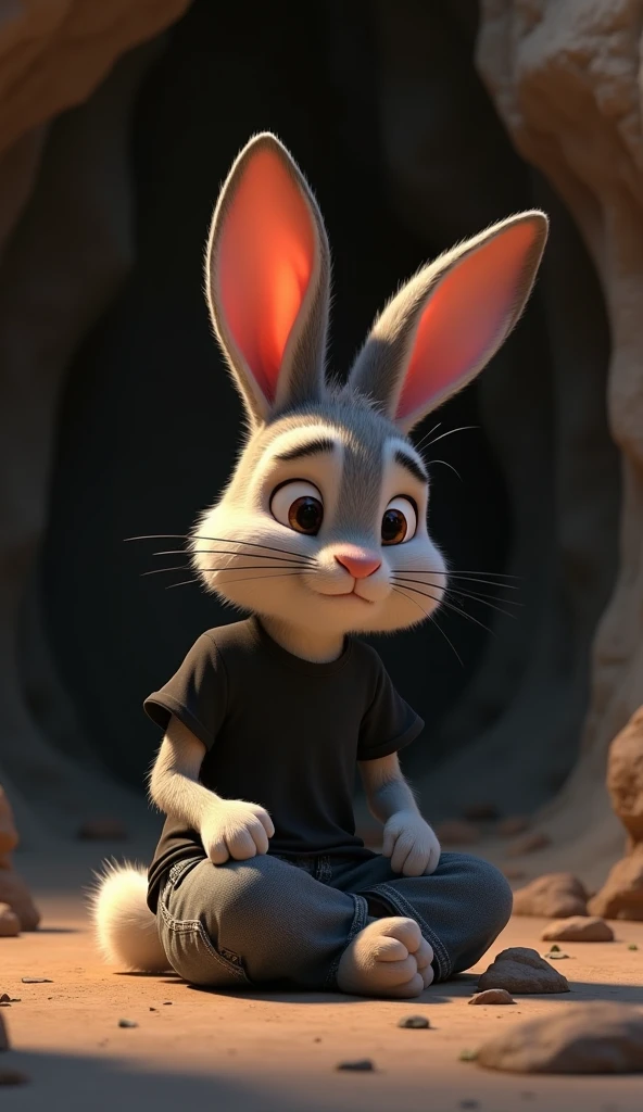 A cute 3D Pixar-style rabbit bunny, wearing a black t-shirt and gray ...