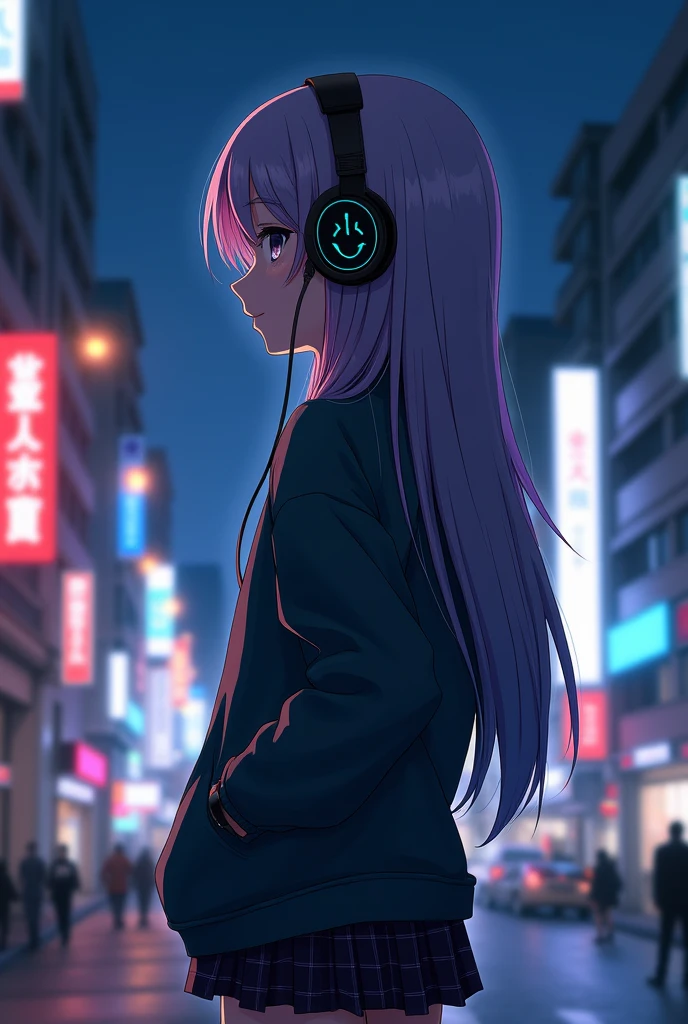 アニメの女の子がヘッドフォンをつけて、夜の街の通りに立っている, Yuumeiによるサイバーパンクアート, pixivコンテスト受賞作品 - SeaArt AI