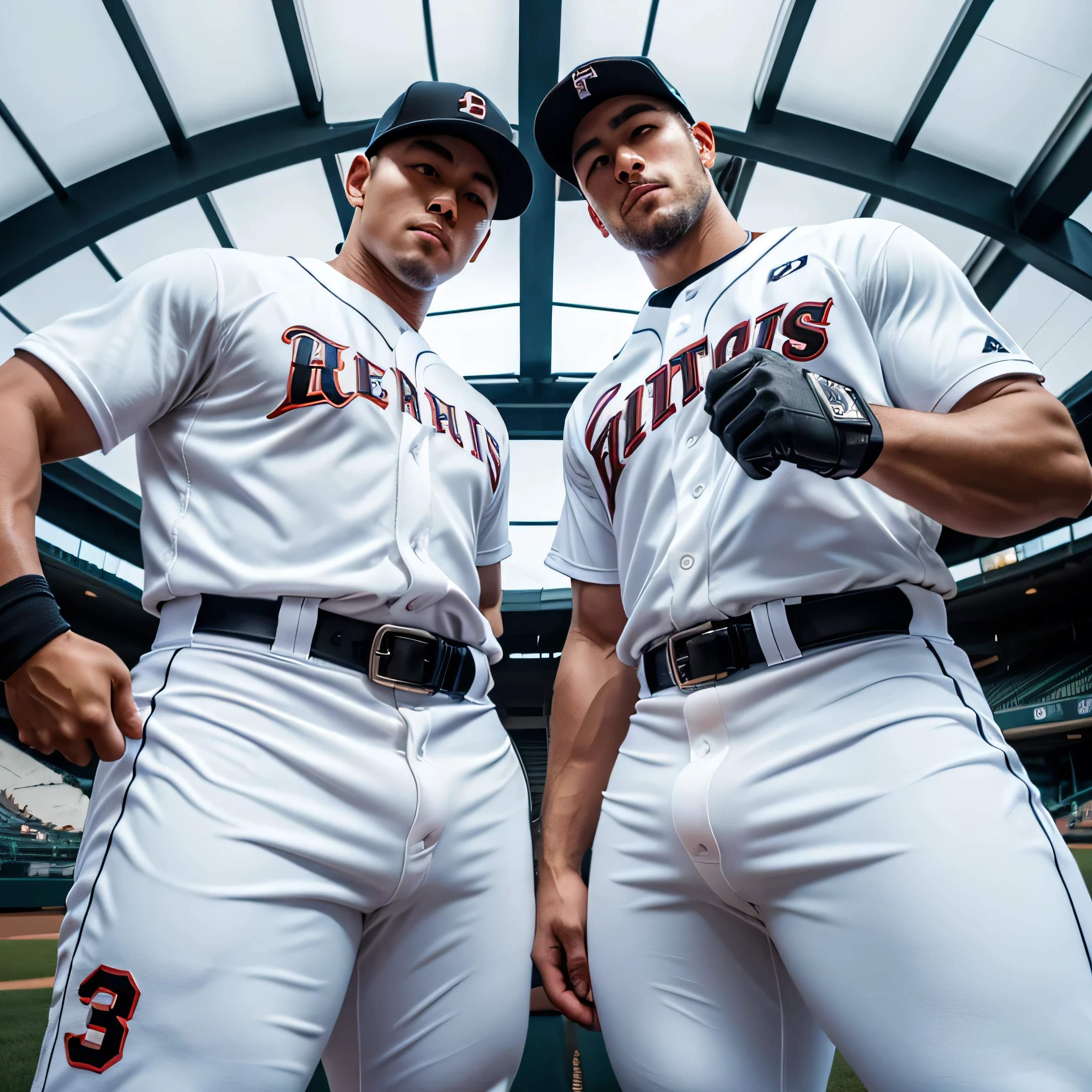 Two baseball players standing next to each other in a stadium - SeaArt AI