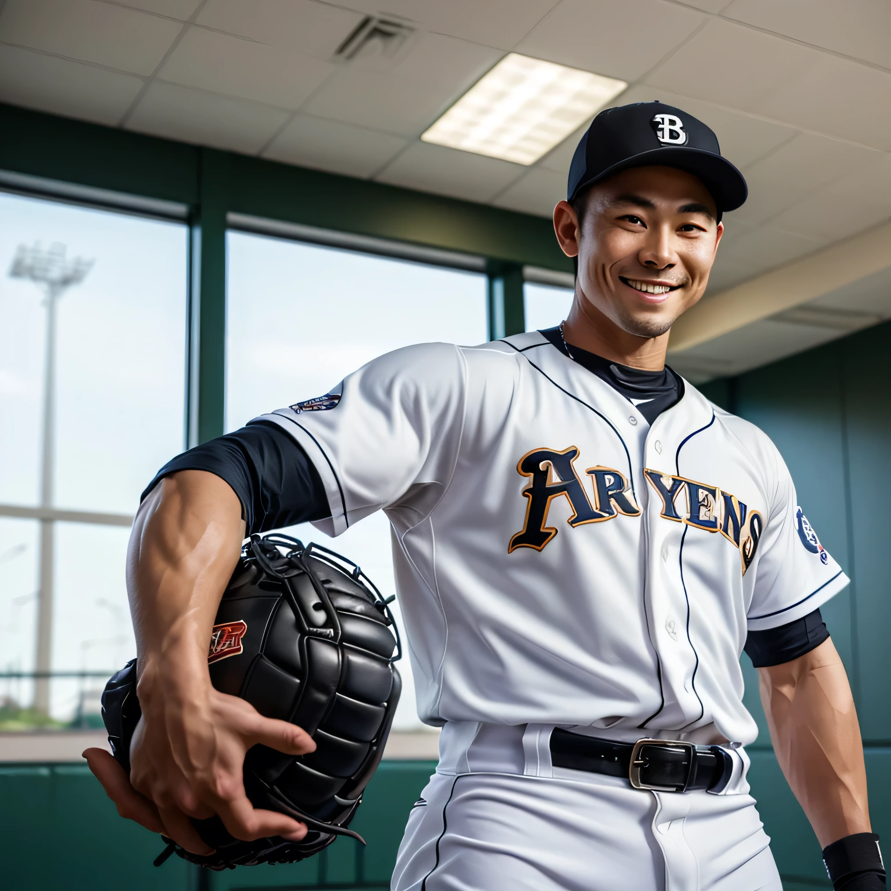 Arafed baseball player in uniform holding a baseball glove and smiling ...