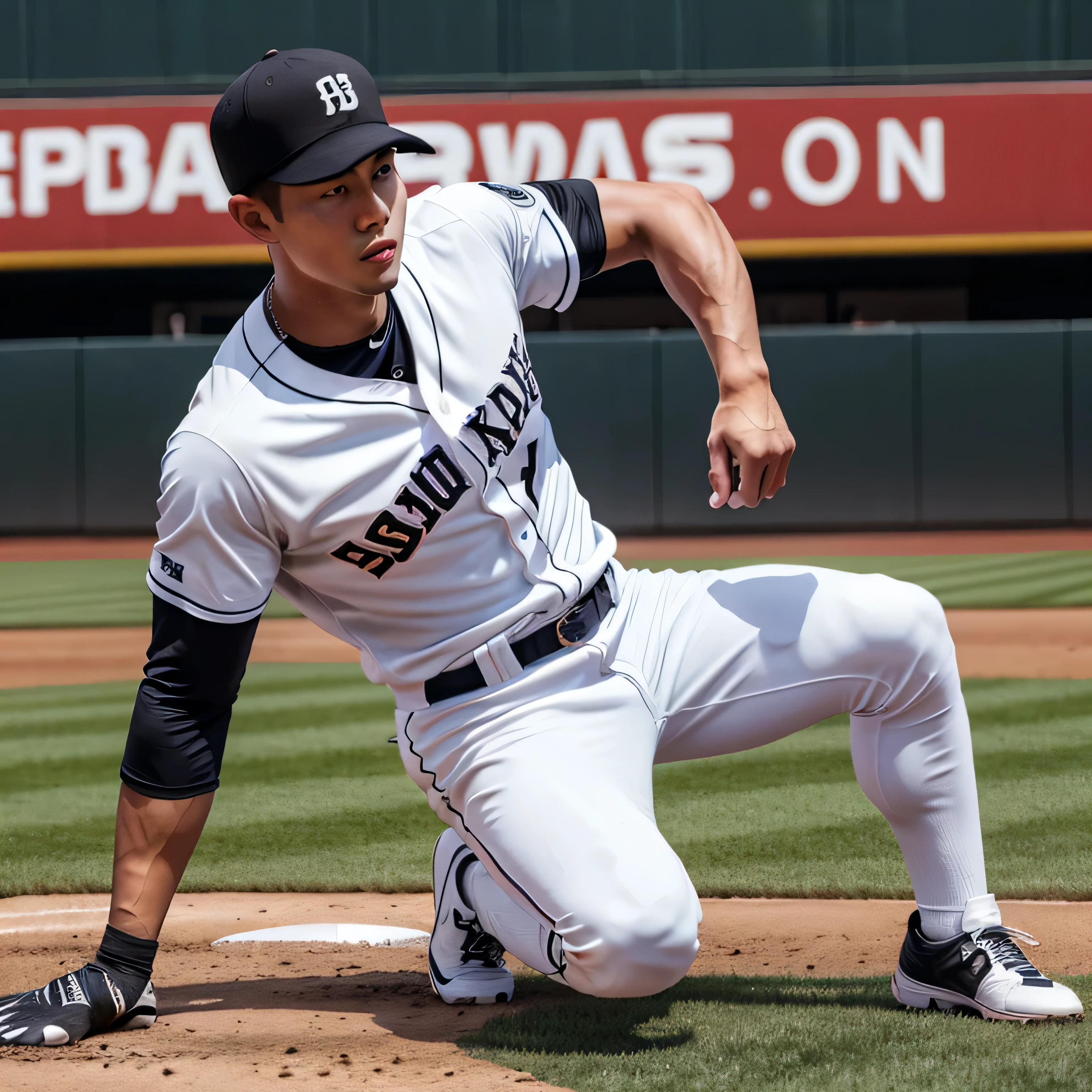 Arafed baseball player crouching on the ground in a baseball game ...