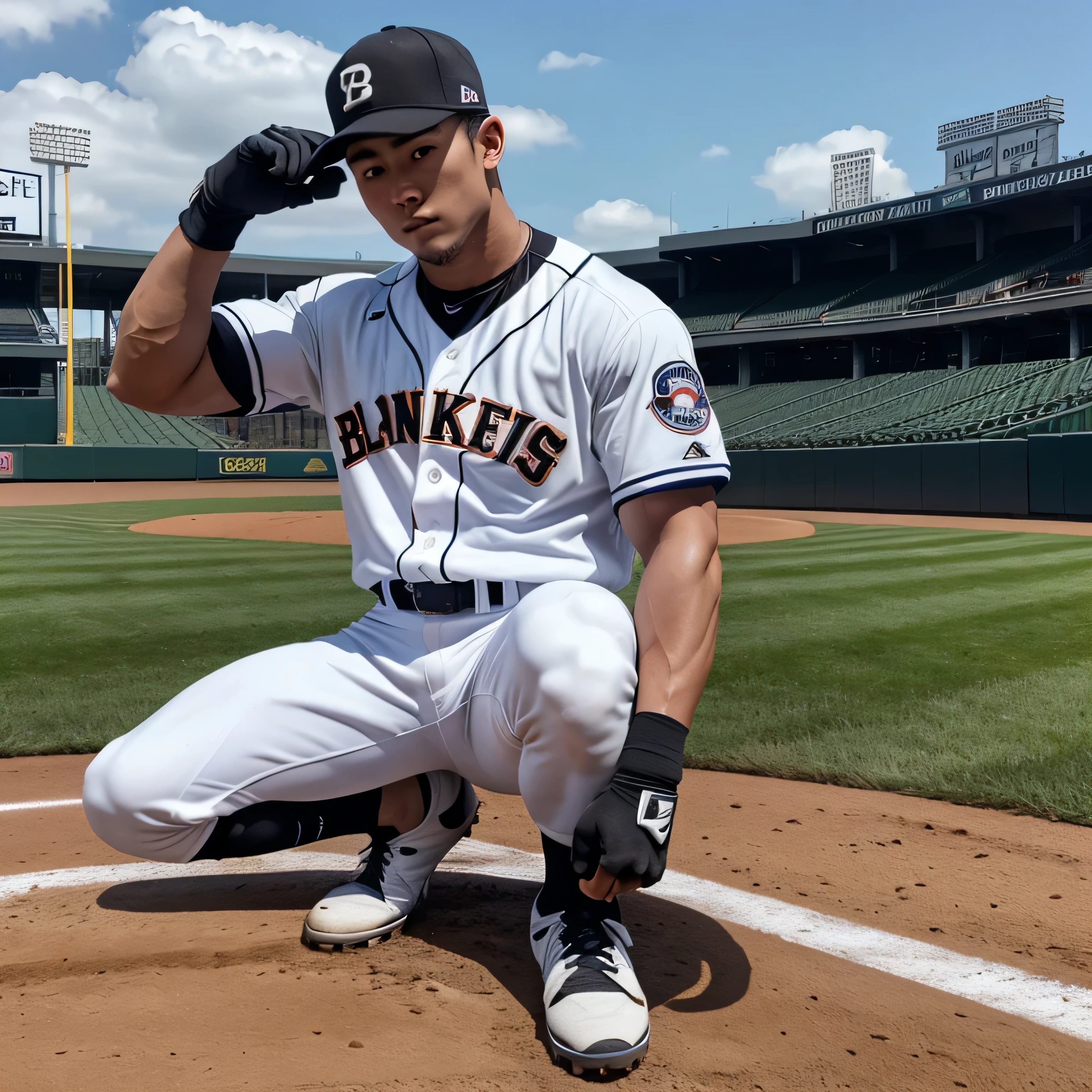 Arafed baseball player kneeling on the field with his glove on - SeaArt AI